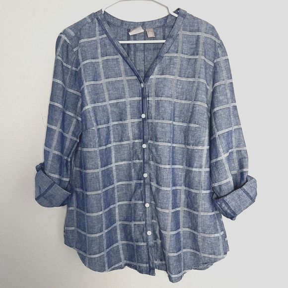 Chico's | Tops | Chicos Linen Blend Shirt Size 2 Lg Roll Tab Sleeve ...